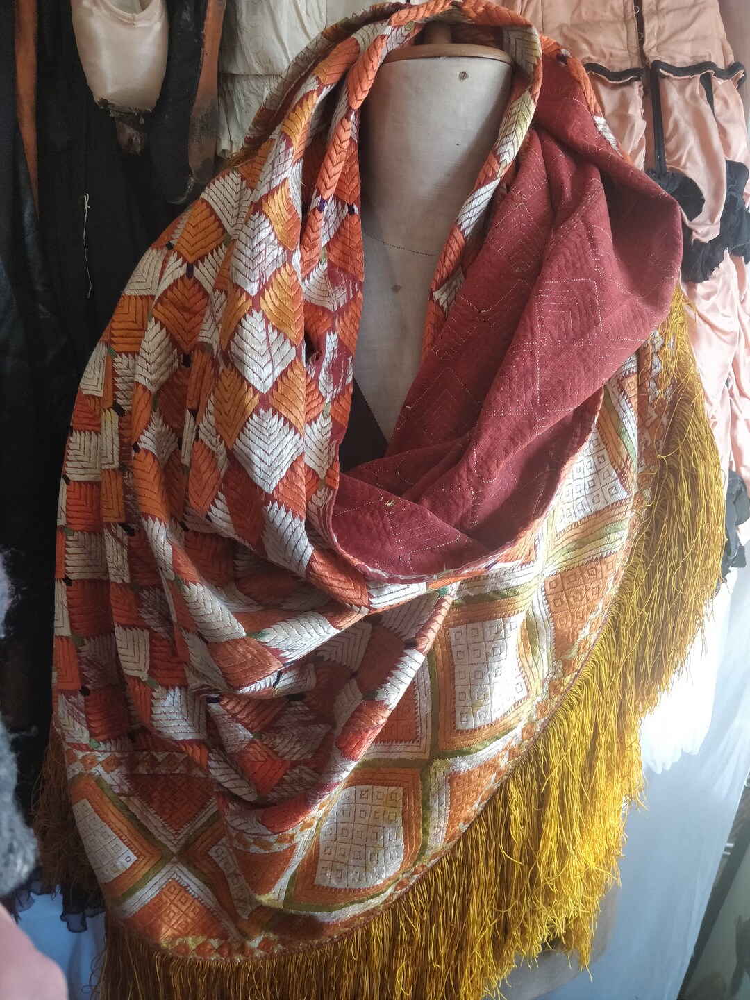 Antique Large Theater Scarf, Triangular, Ca 1900, Silk Fringes ...