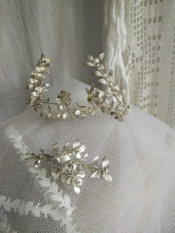Elegant german myrtle crown, vintage silver wedding T… - Gem