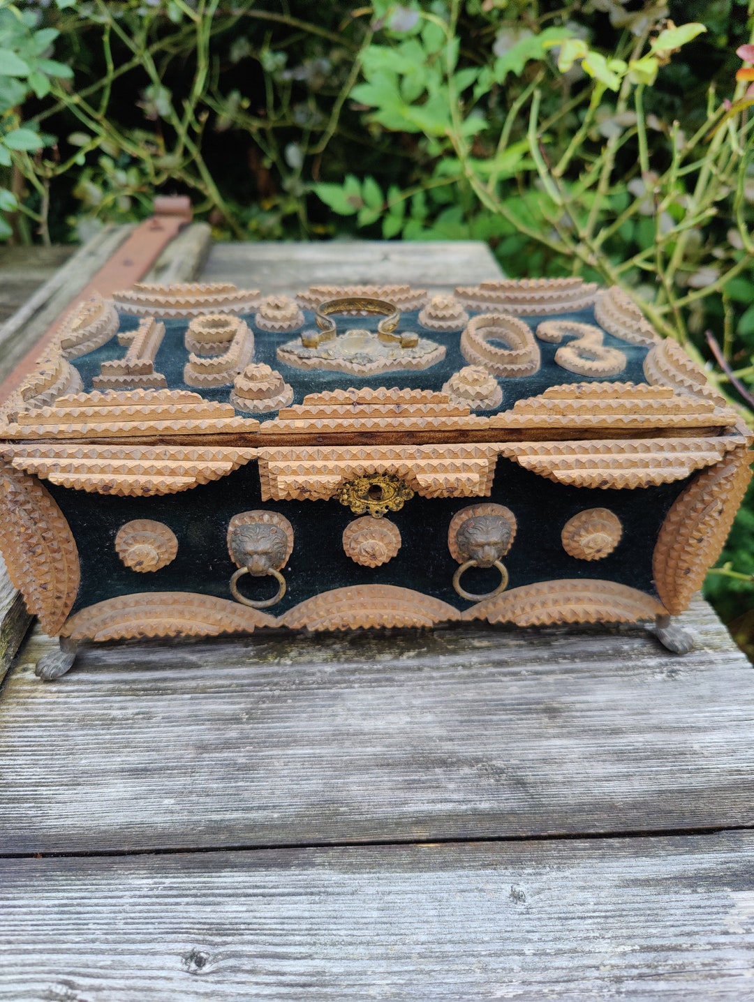 Antique Tramp Art Box, Ca 1903 , Old Wooden Box, Treassure Chest, Hand ...
