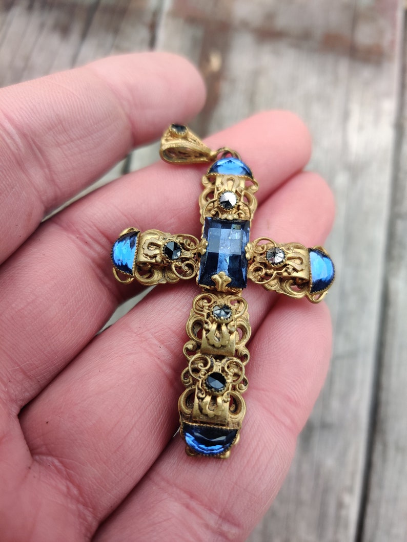 Max Neiger Style Crucifix, Cross Pendant, Withe Blue Rhinestones, Art ...