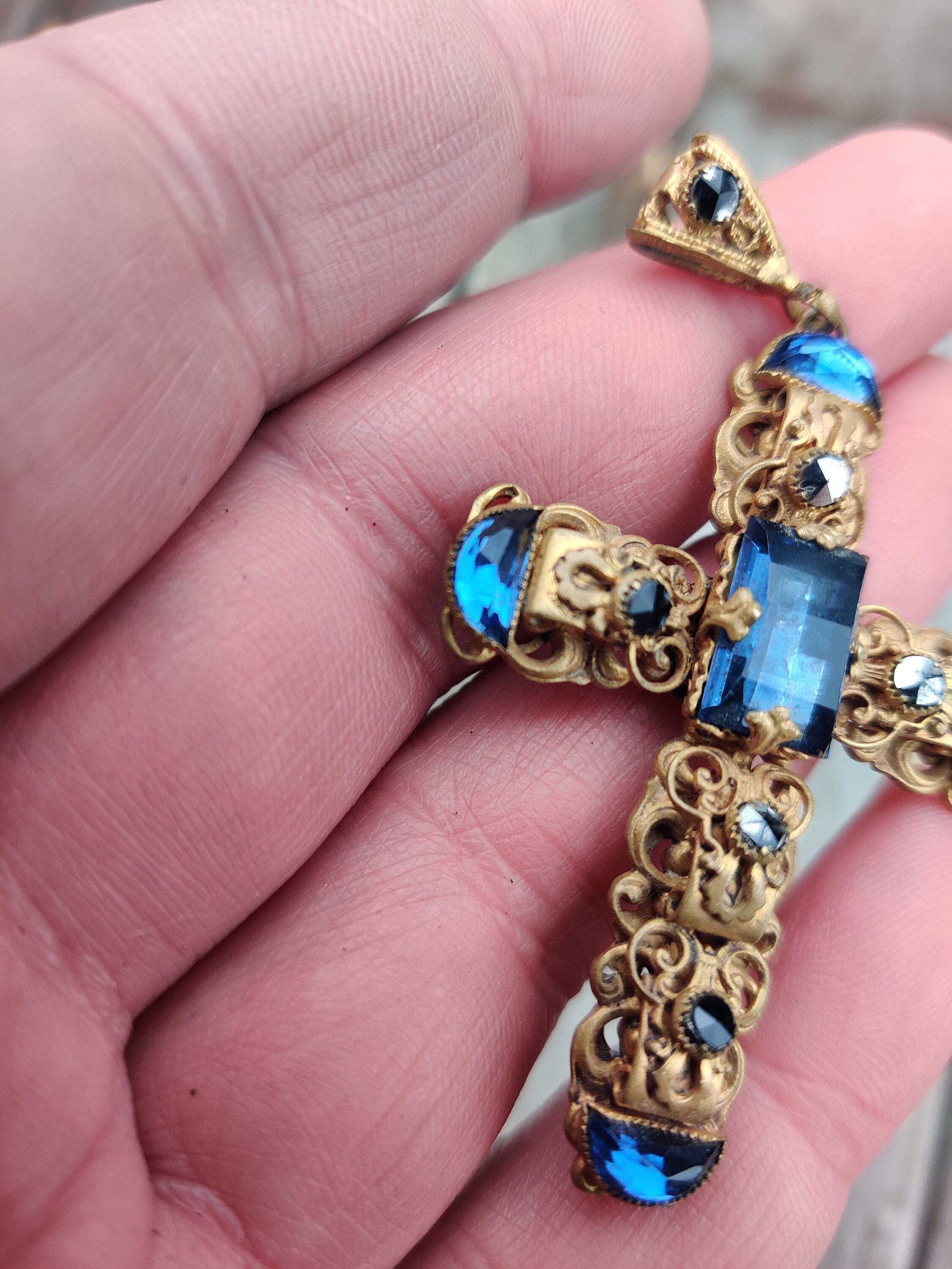 Max Neiger Style Crucifix, Cross Pendant, Withe Blue Rhinestones, Art ...