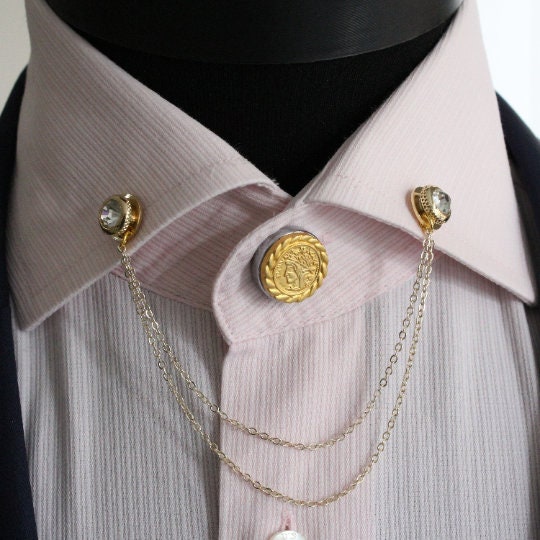 Handmade Gold Collar Chain Brooch: Emerald Green Stone, Men's Jewelry ...