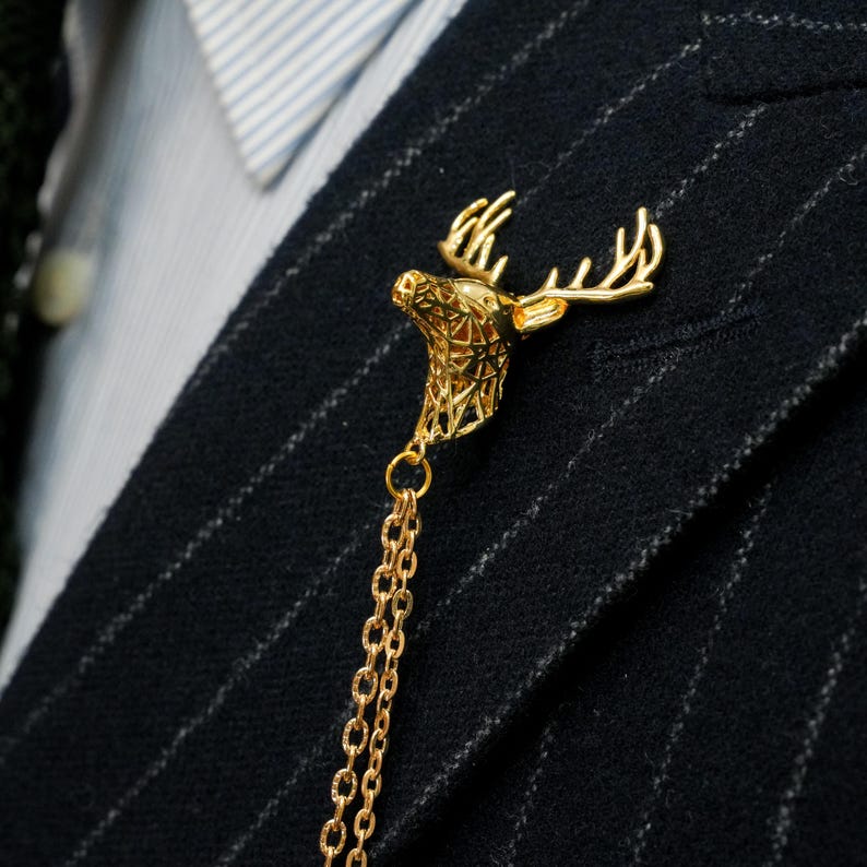 Gold Deer Brooch Chain Lapel Pin, Jacket Collar Chain Brooches, Gold ...