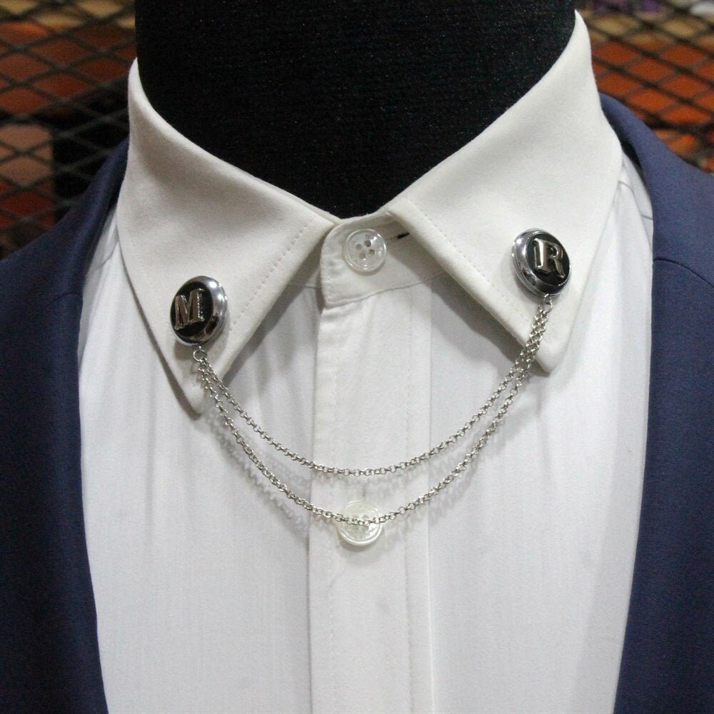 Customized Letter Initial Chain Brooch: Handmade Silver Shirt Collar ...