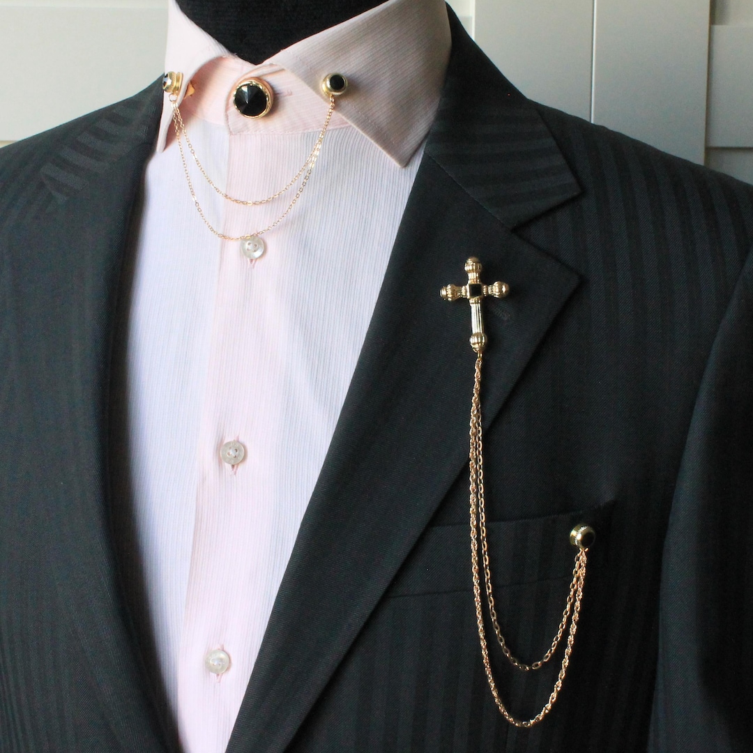 Cross Jacket Lapel Pin and Shirt Collar Chain Pin Set: Gold & Silver ...