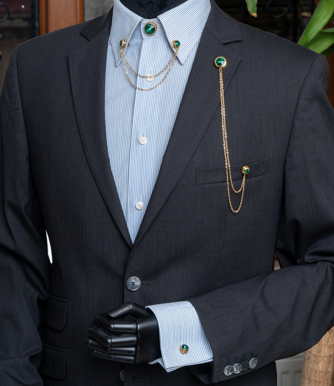 Handmade Green Stone Shirt Jacket Collar Chain Brooch Set, Suit Pin ...
