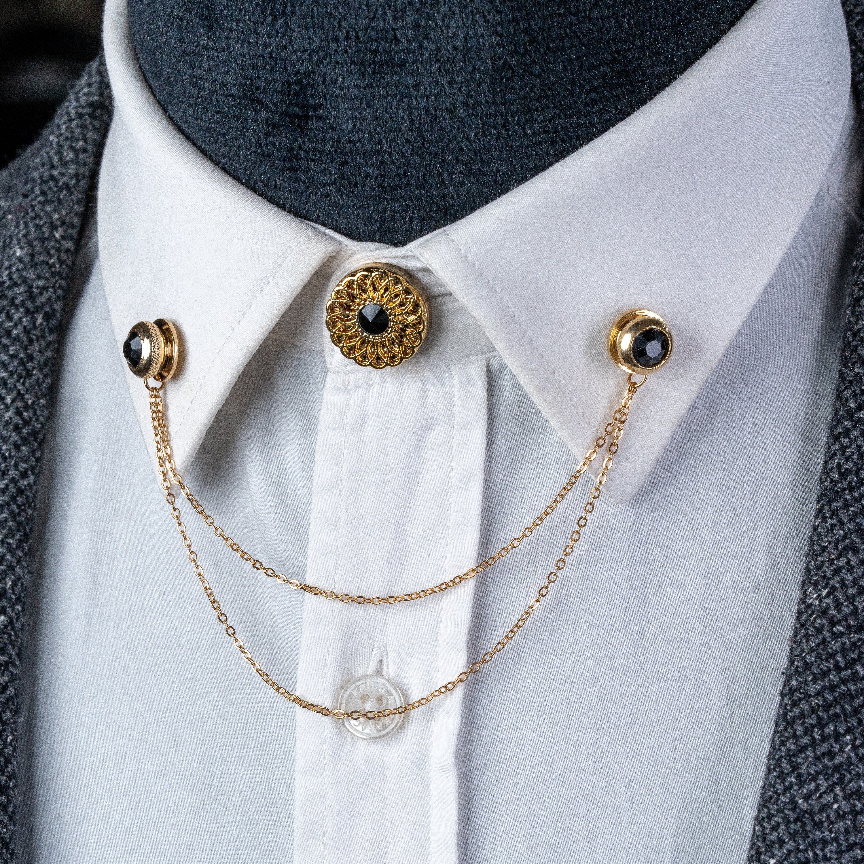 Black Stone Gold Shirt Jacket Collar Chain Brooch Set, Shirt Collar ...