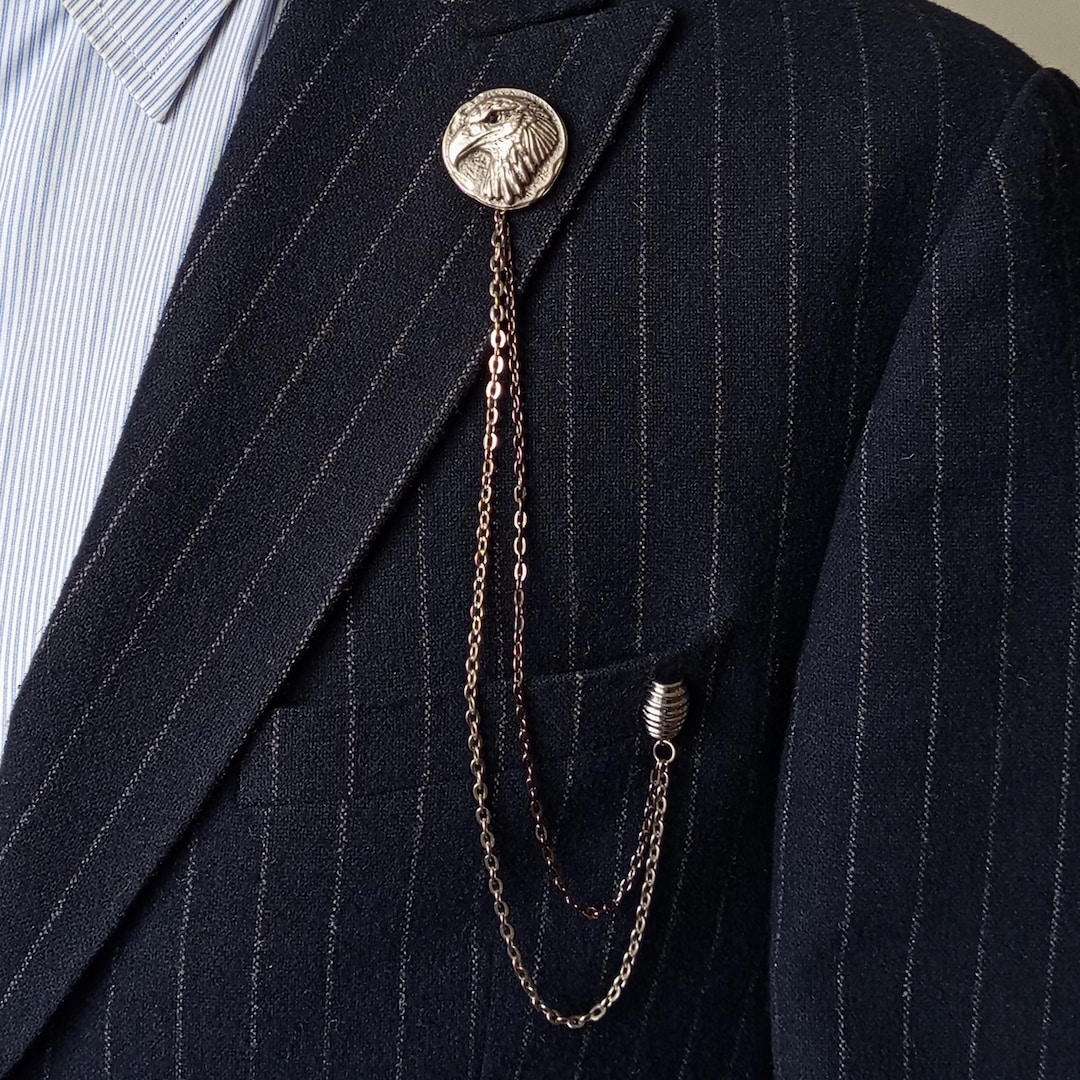 Eagle Figured Lapel Pin Gold & Silver Color Jacket Chain Brooch for Men ...