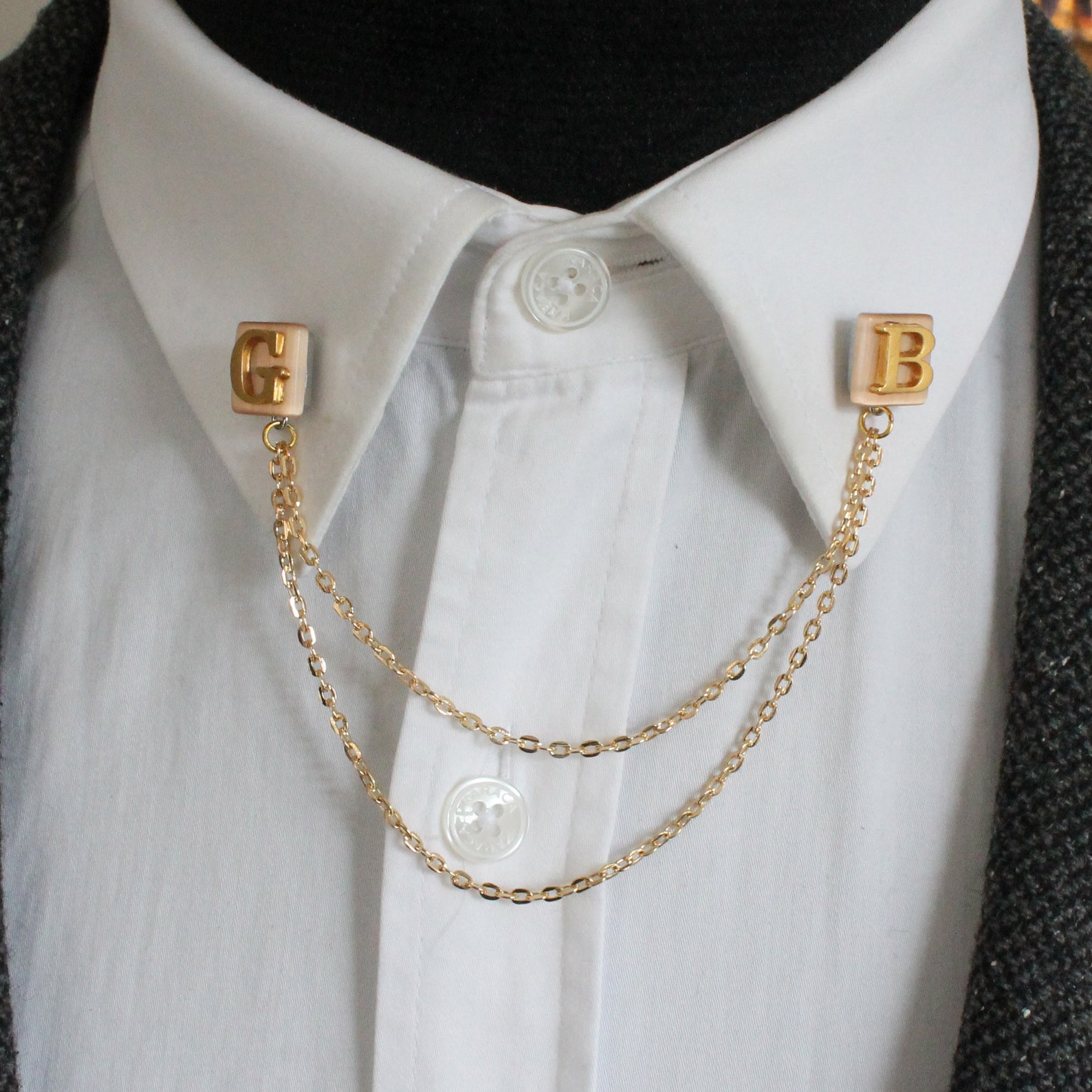Personalized Shirt Collar Pin, Gold Customized Chain Brooch, Handmade ...