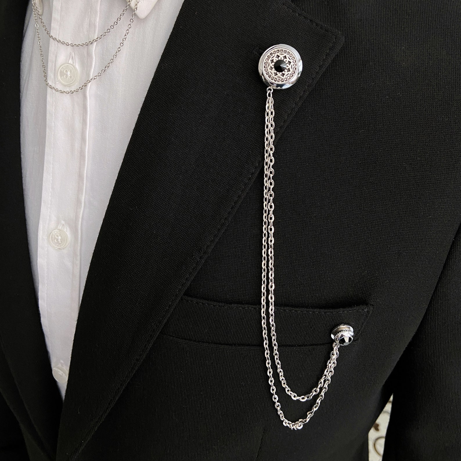 Handmade Suit Shirt Collar Chain Brooch Set, Jacket Lapel Pin, Shirt ...