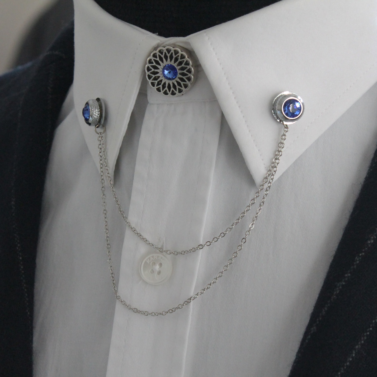Handmade Shirt Collar Chain Brooch Set: Men's Lapel Pin Blue Stone ...