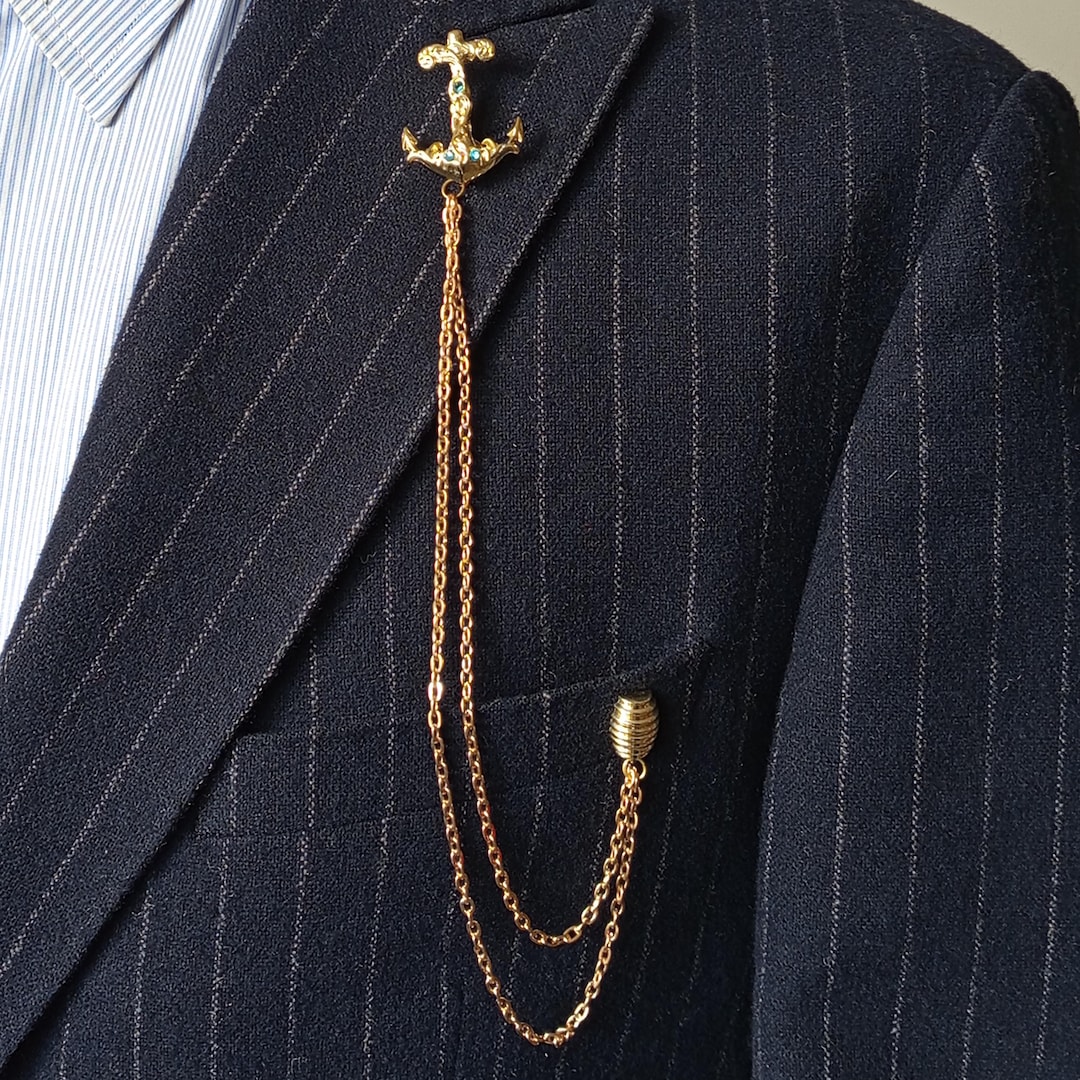Anchor Lapel Pin Gold & Silver Color Jacket Chain Brooch for Men's Suit ...