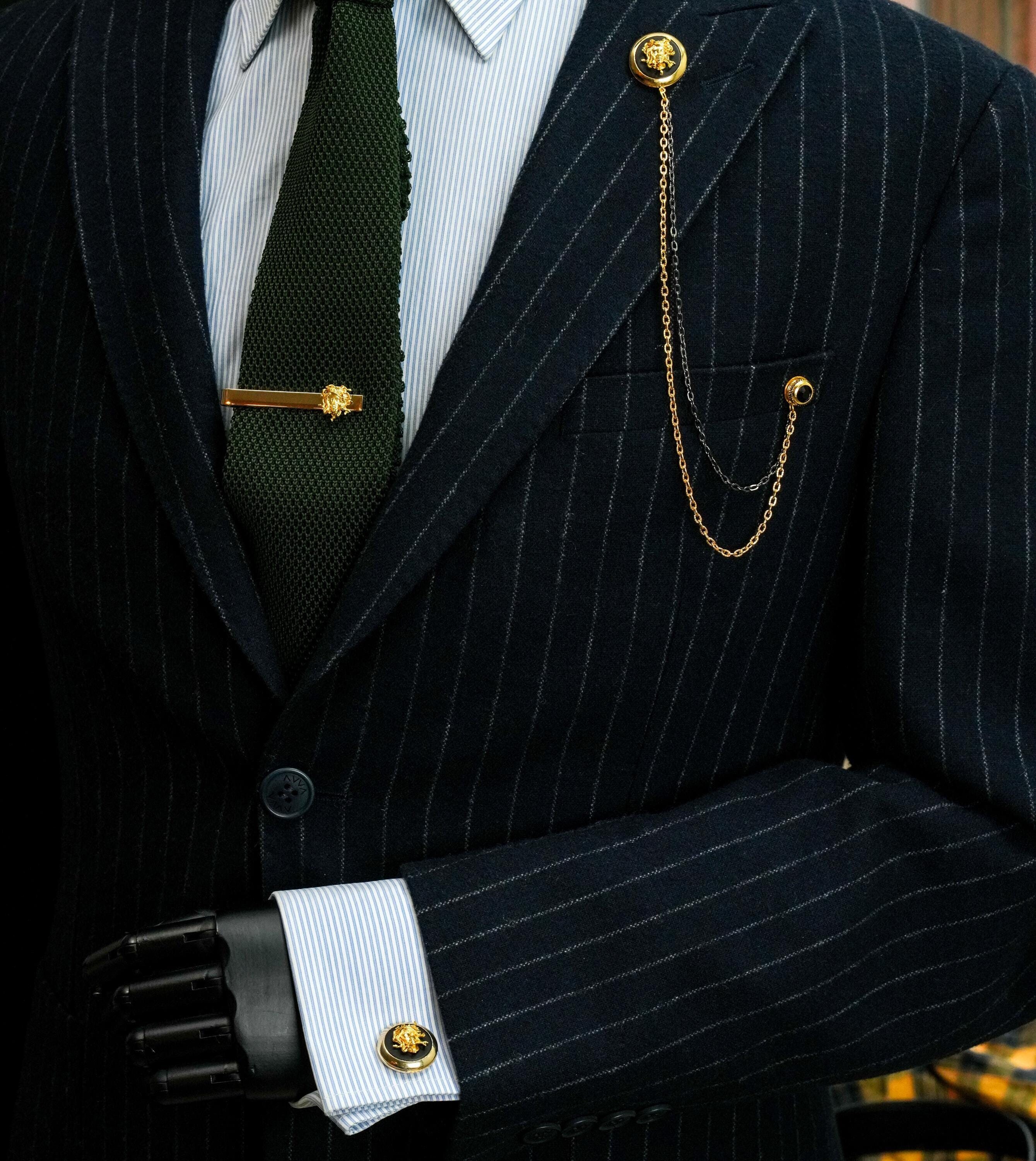 Medusa Jacket Collar Chain Brooch-cufflinks-tie Bar Set, Gold Color ...