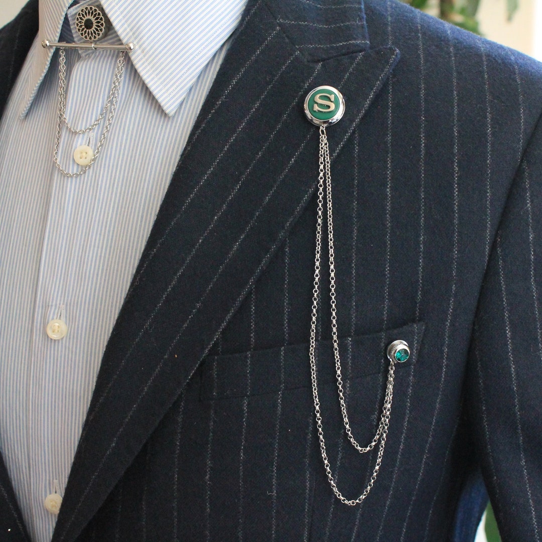 Handmade Initial Lapel Pin: Emerald Green Letter, Silver Chain Brooch ...