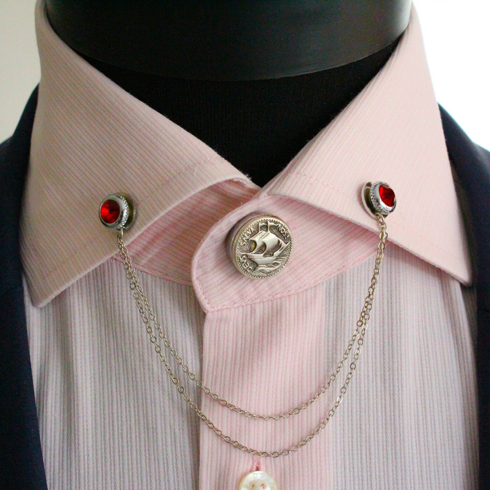 Handmade Silver Collar Chain Brooch: Emerald Green Stone, Men's Jewelry ...