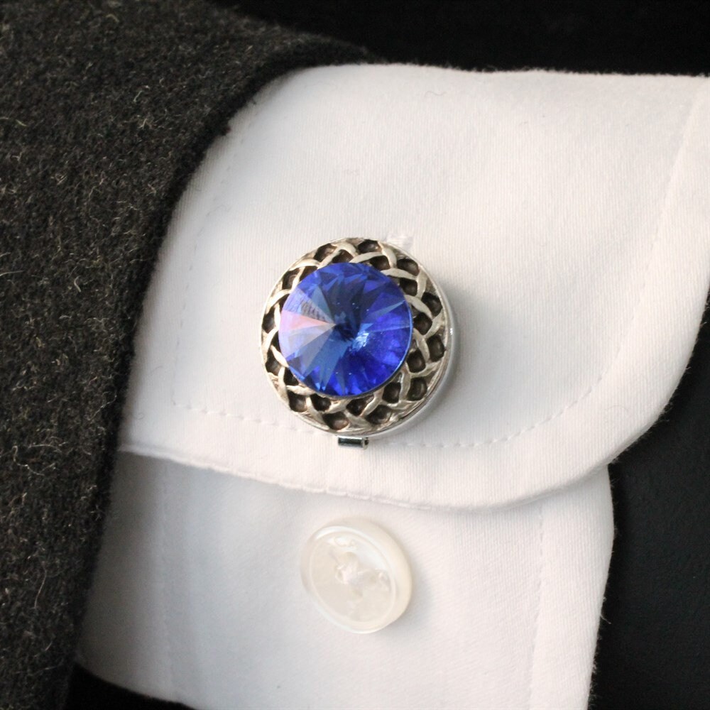Blue Stone Button Cover Cufflinks, Silver Cufflinks for Men, Wedding ...