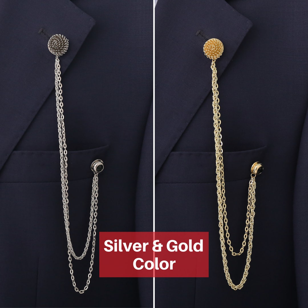 2 Colors Jacket Chain Brooch, Gold Jacket Lapel Pin, Silver Jacket ...
