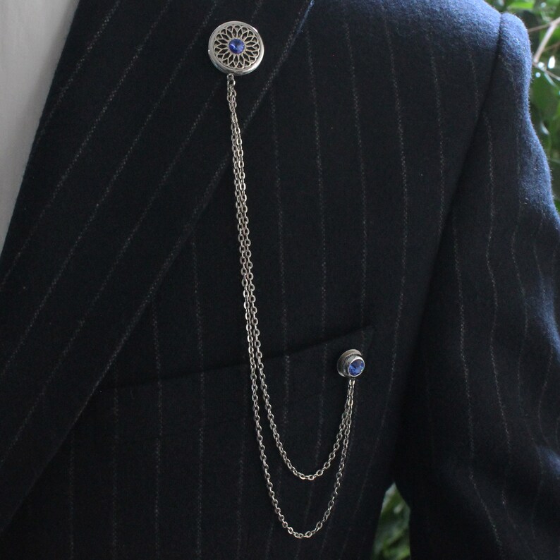 Handmade Shirt Collar Chain Brooch Set: Men's Lapel Pin Blue Stone ...