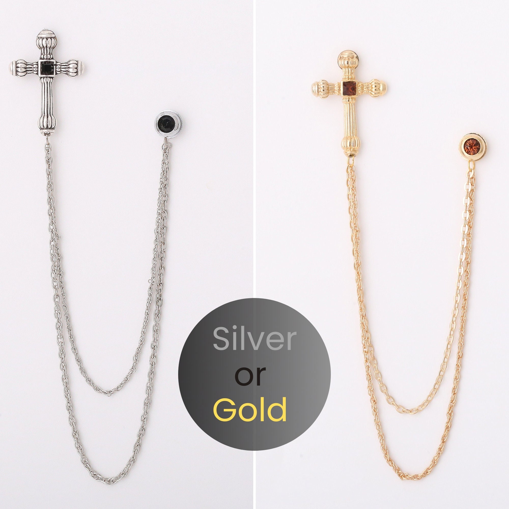Cross Lapel Pin: Gold & Silver Color Jacket Chain Brooch for Men's Suit ...