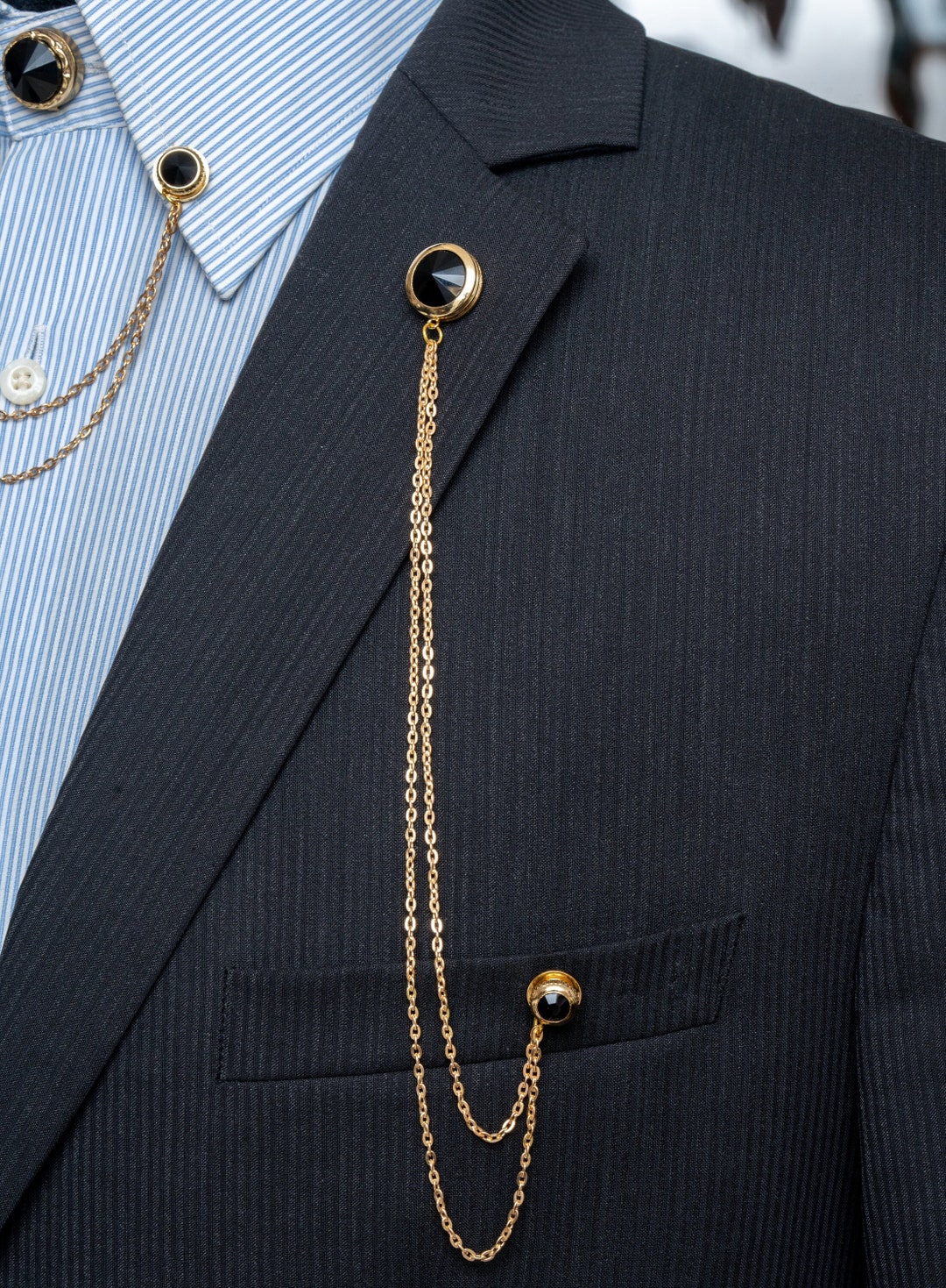 Gold Jacket Chain Lapel Pin 5 Colors: Handmade Stone Brooch, Suit ...