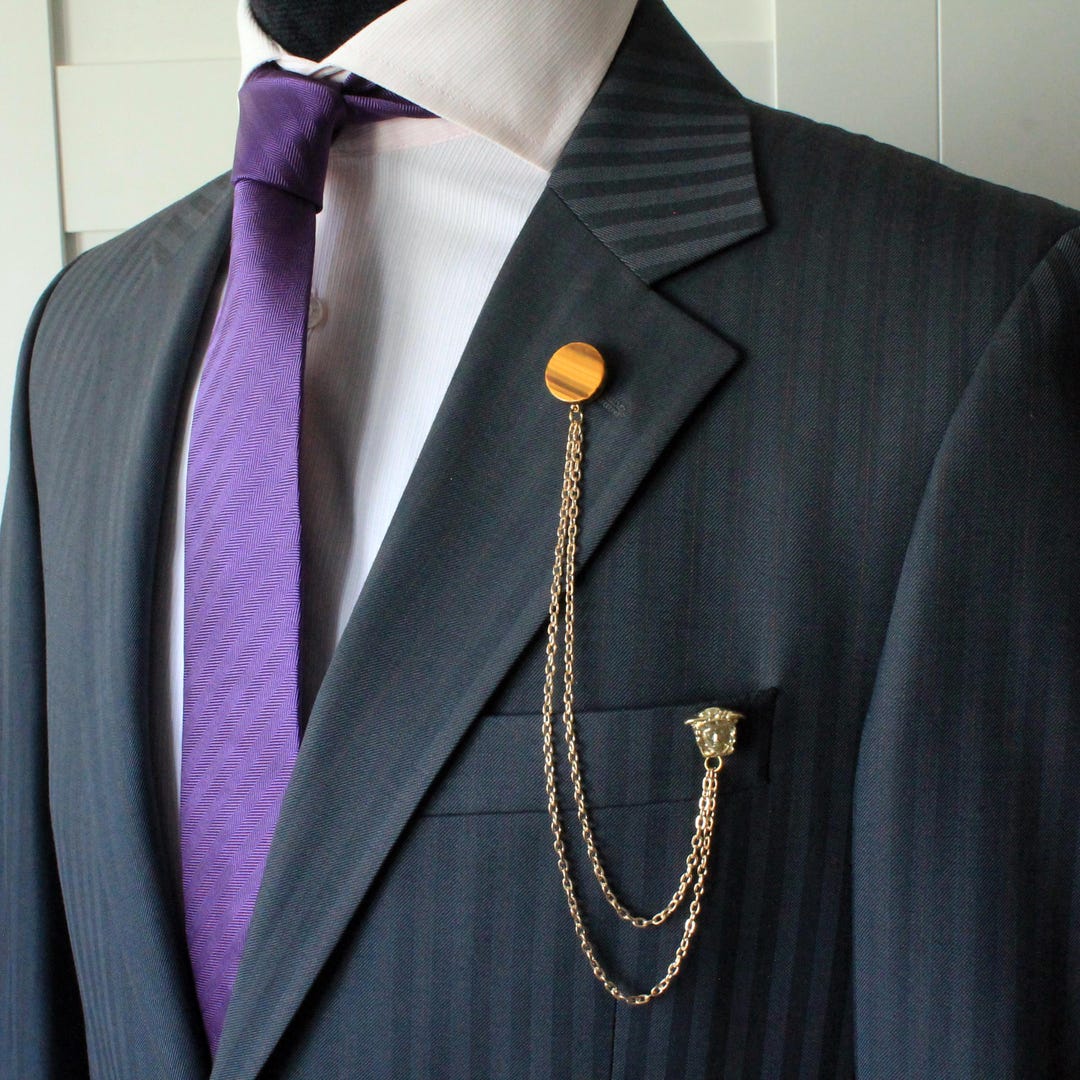 Tiger Eye Stone Lapel Pin: Gold Chain Brooch Men's Suit Jacket ...