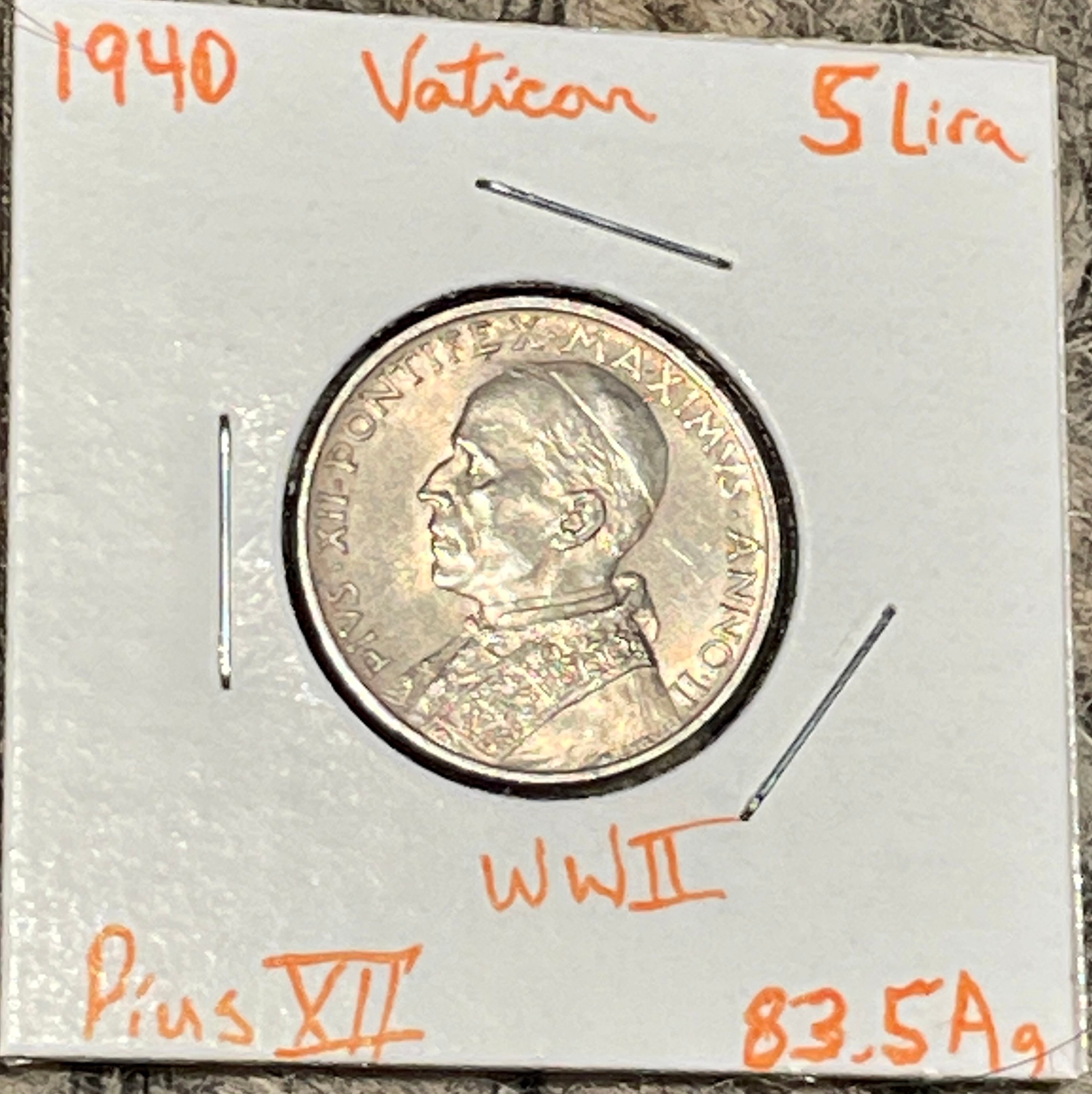 Vintage 1940 Pope Pius XII 5 Lire Silver Coin, Vatican Holy See Money ...