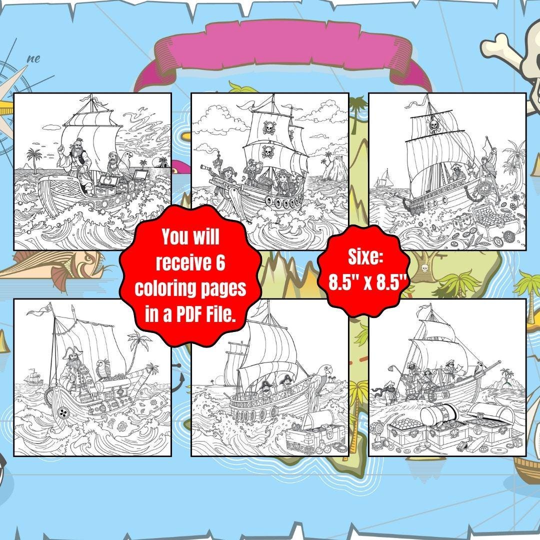 Pirate Adventure Coloring Pages Digital Download Six Fun Pirate-themed ...