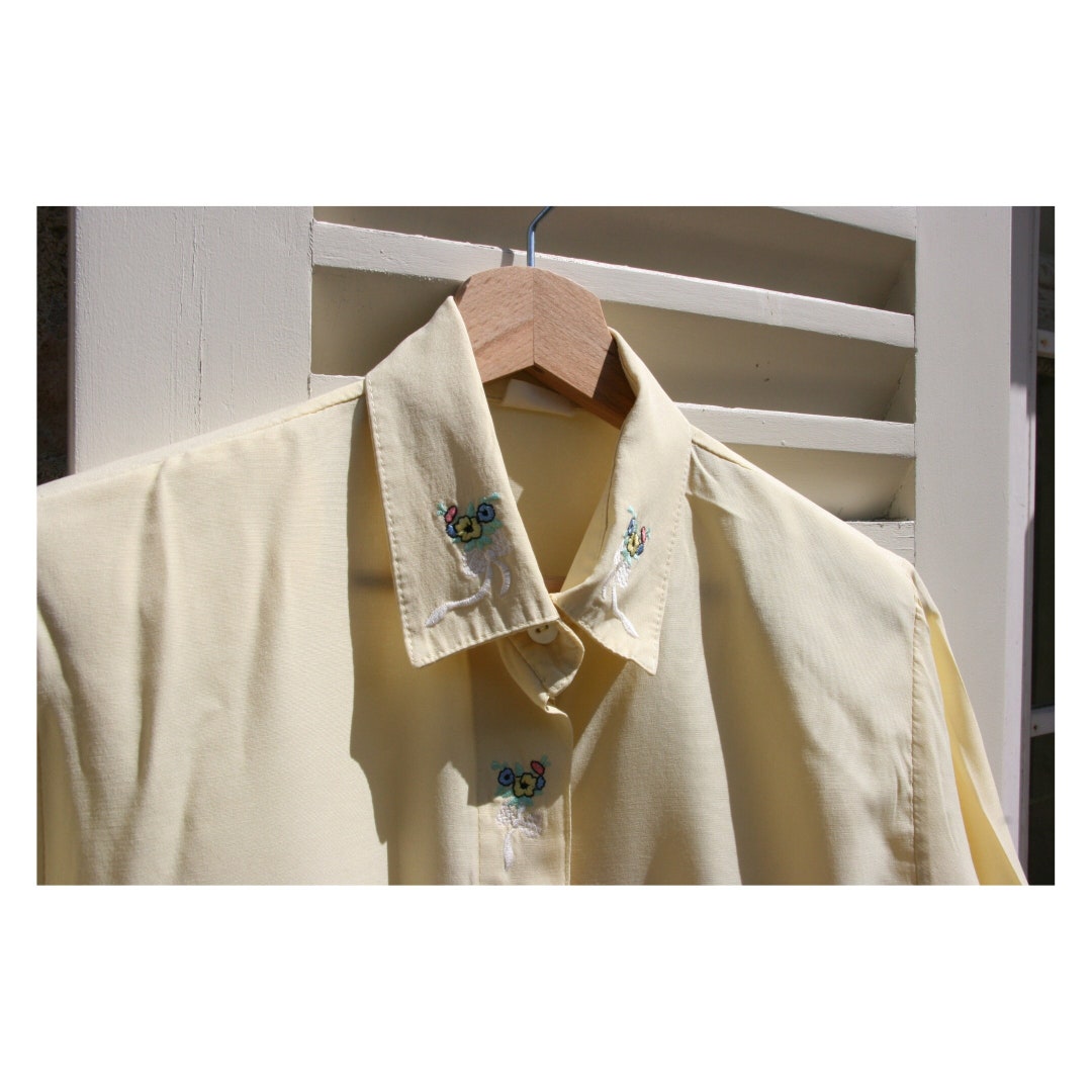 Floral Embroidered Blouse Vintage Pastel Yellow Shirt - Etsy