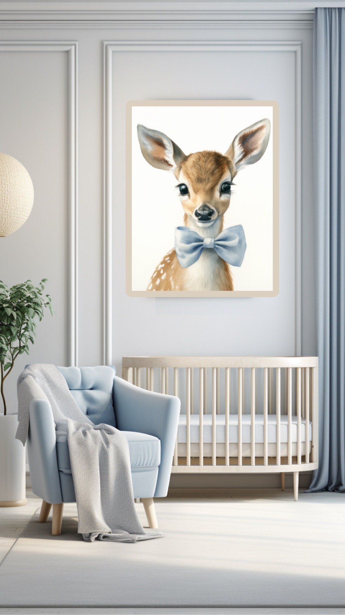Watercolor Artwork of a Baby Fawn Wearing a Pale Blue Bow for a ...