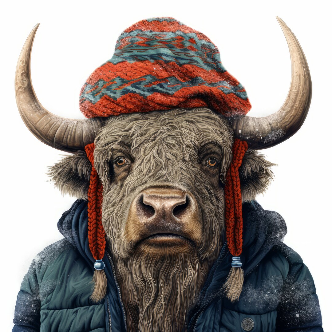 Buffalo Wearing Winter Mountain Clothes and a Beanie_ Digital Art - Etsy