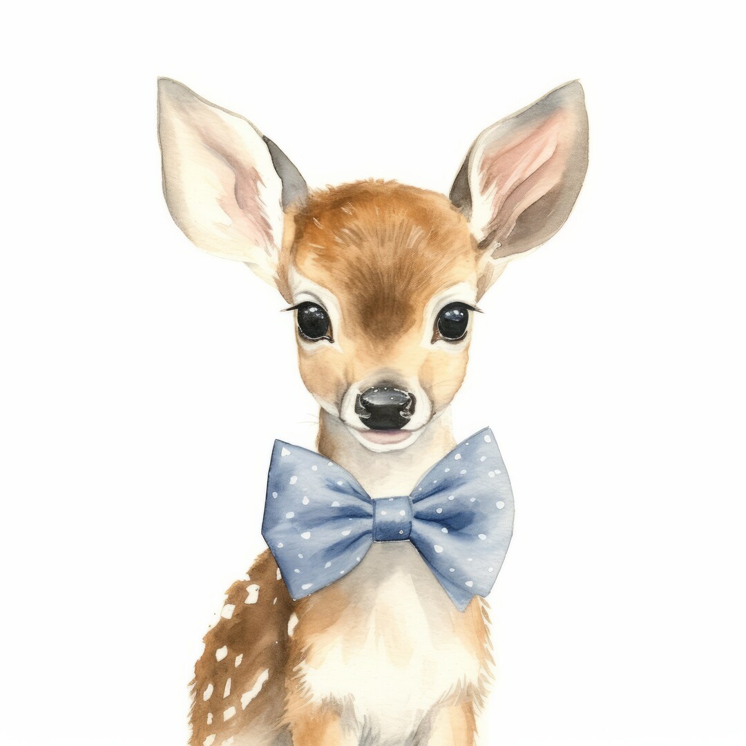 Watercolor Artwork of a Baby Fawn Wearing a Pale Blue Bow for a ...