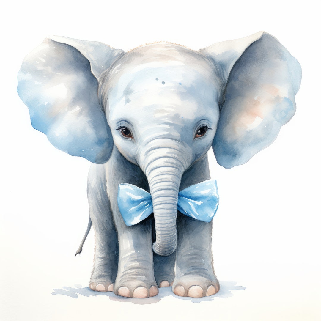 Watercolor Artwork of a Baby Elephant Wearing a Pale Blue Bow for a ...