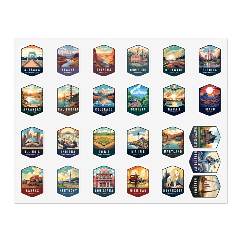 U.S. States Sticker Sheet, 25 Stickers, U.S. Landmarks, 50 States ...
