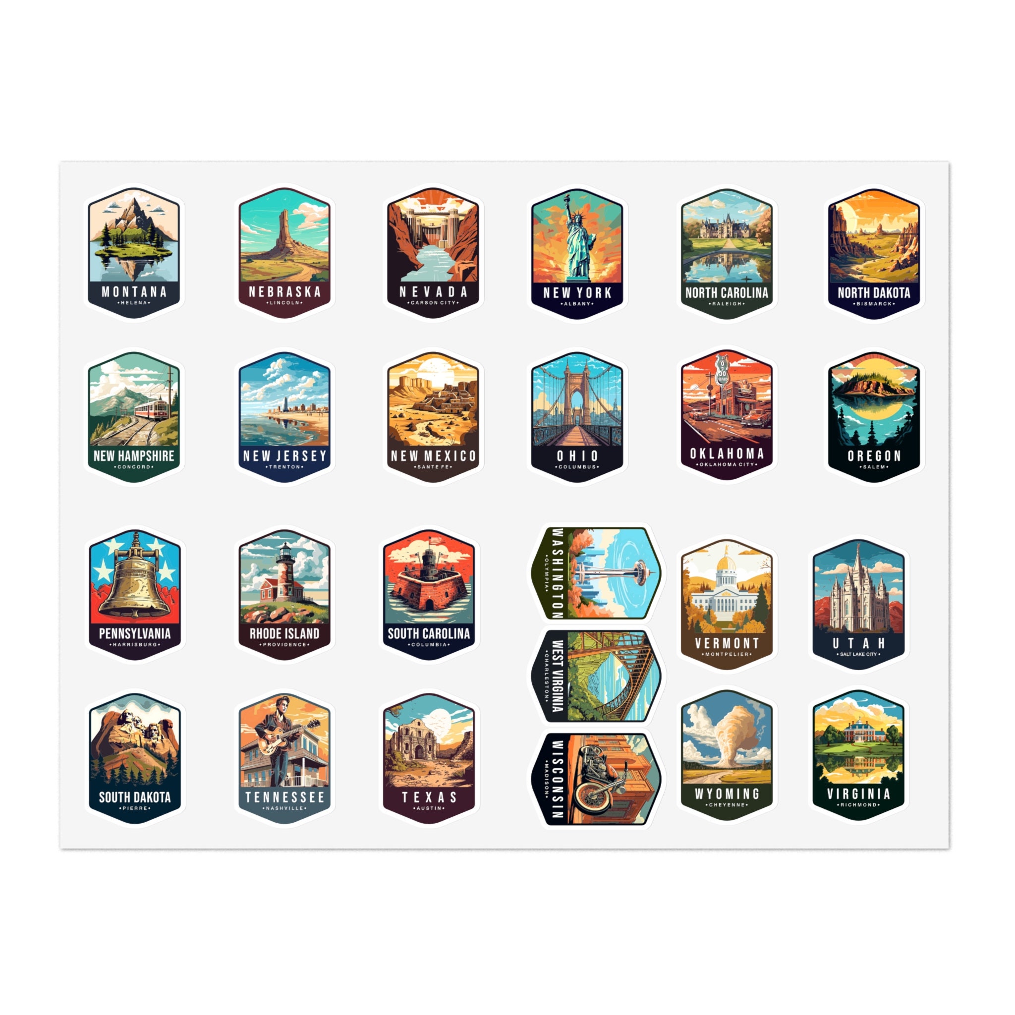 U.S. States Sticker Sheet, 25 Stickers, U.S. Landmarks, 50 States ...