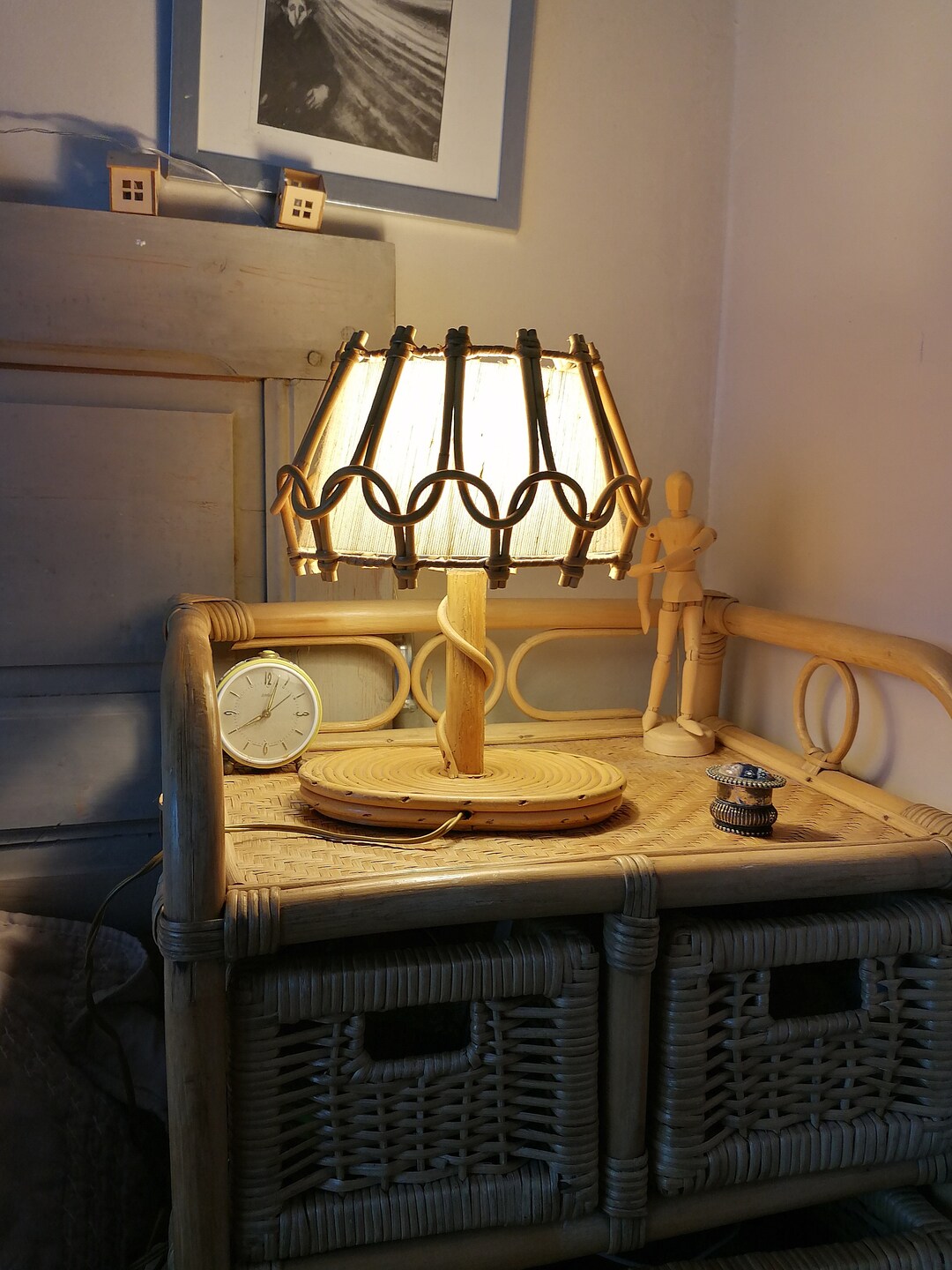 Rattan Side Lamp Attributed to Louis Sognot 1950, Rattan Table Lamp ...