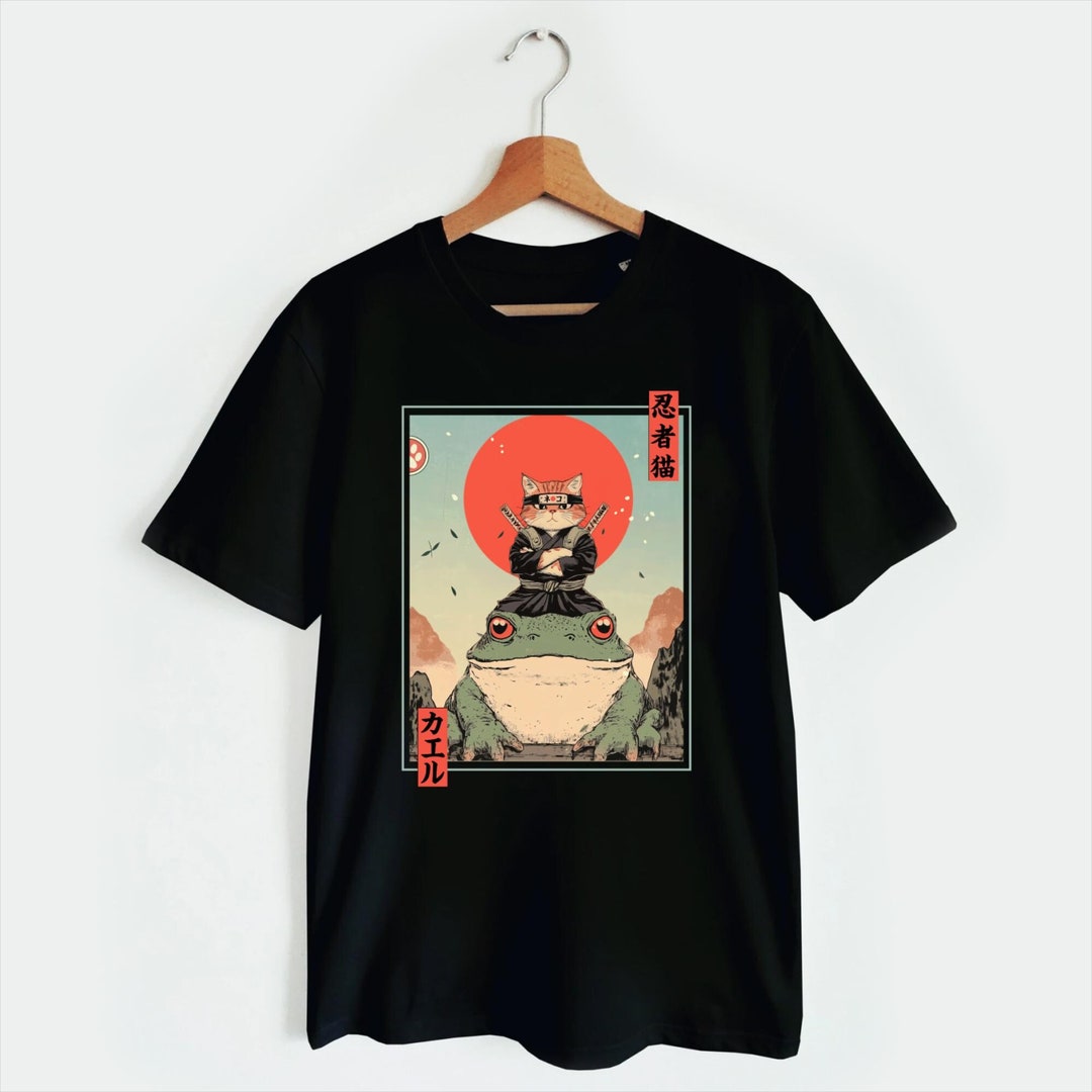 Ninja Cat With Katana and Frog T-shirt, Japanese Retro Anime Style ...