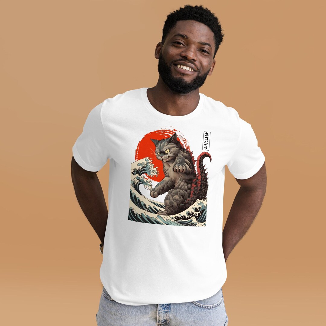 Catzilla the Great Wave off Kanagawa Hokusai Funny Japanese Cat Kanji T ...