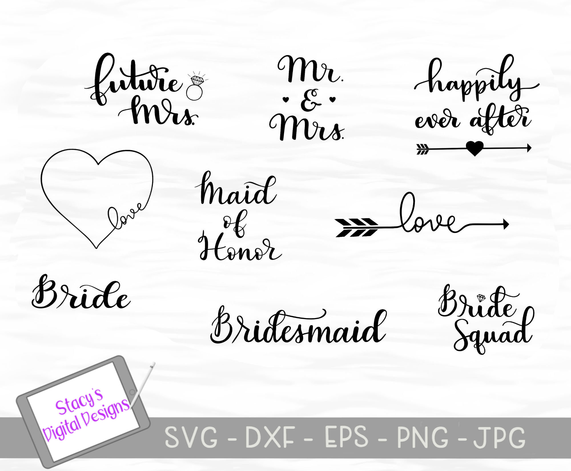 Bridal / Wedding SVG Bundle - 9 Handlettered Designs for Cricut and ...
