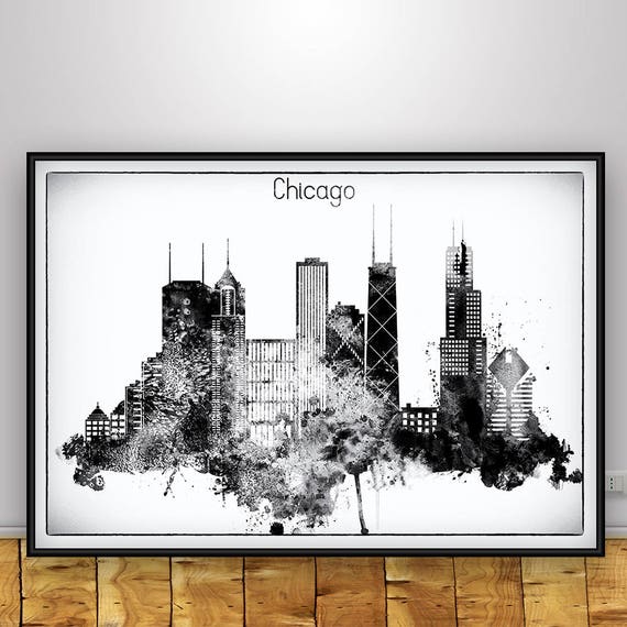 Chicago City Print Chicago Black White Skyline Travel Art City - Etsy
