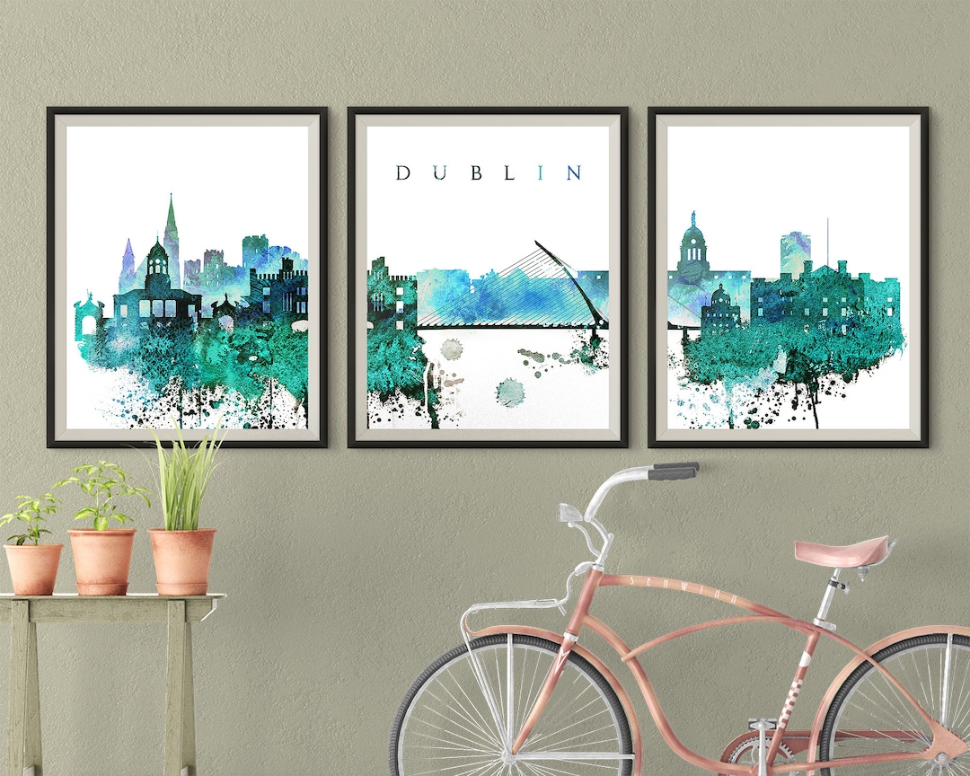 Dublin Set of 3 Prints Green Wall Art Triptych of Ireland Skyline ...