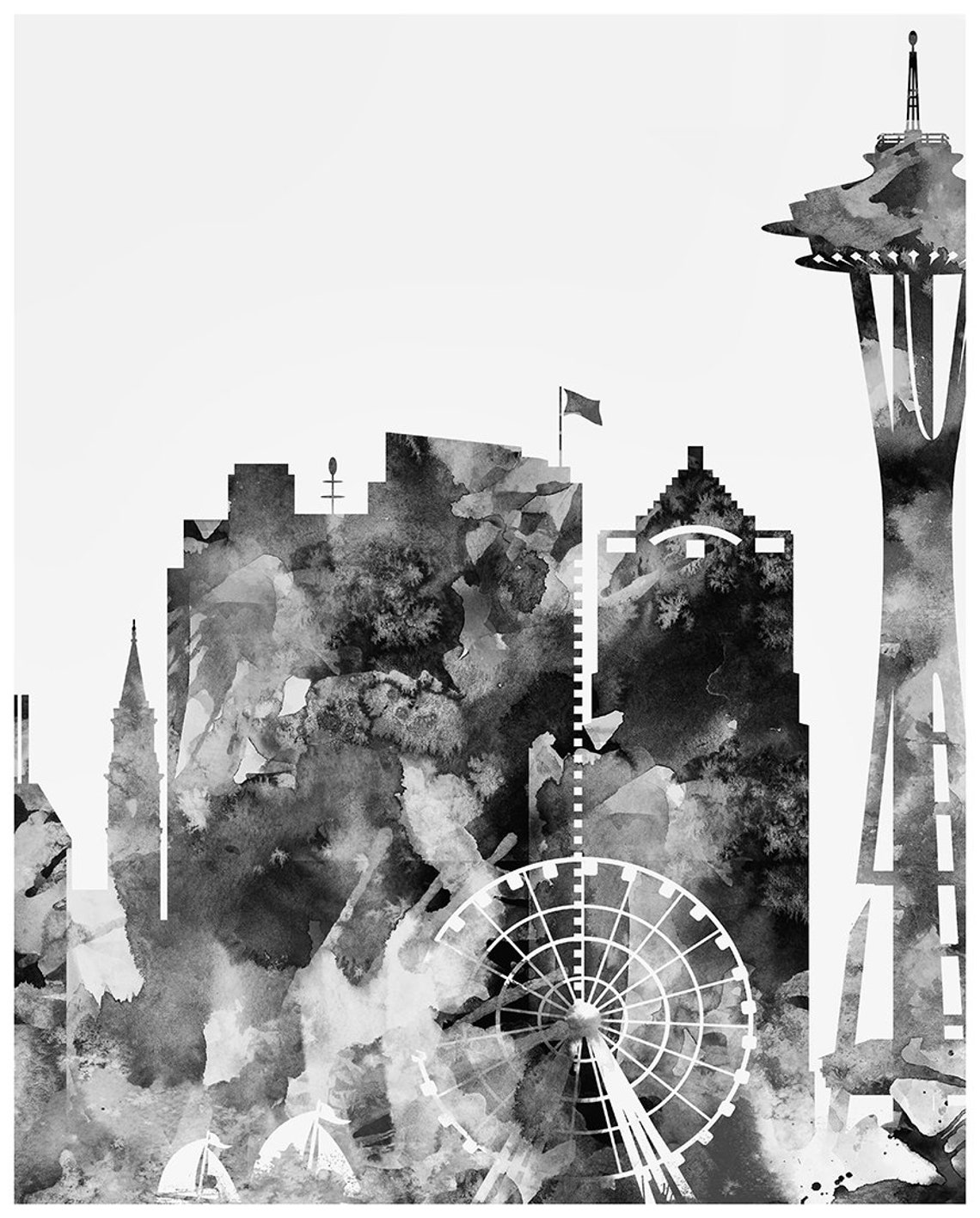 Set of 3 Seattle Skyline Black White Prints Downtown Triptych | Etsy
