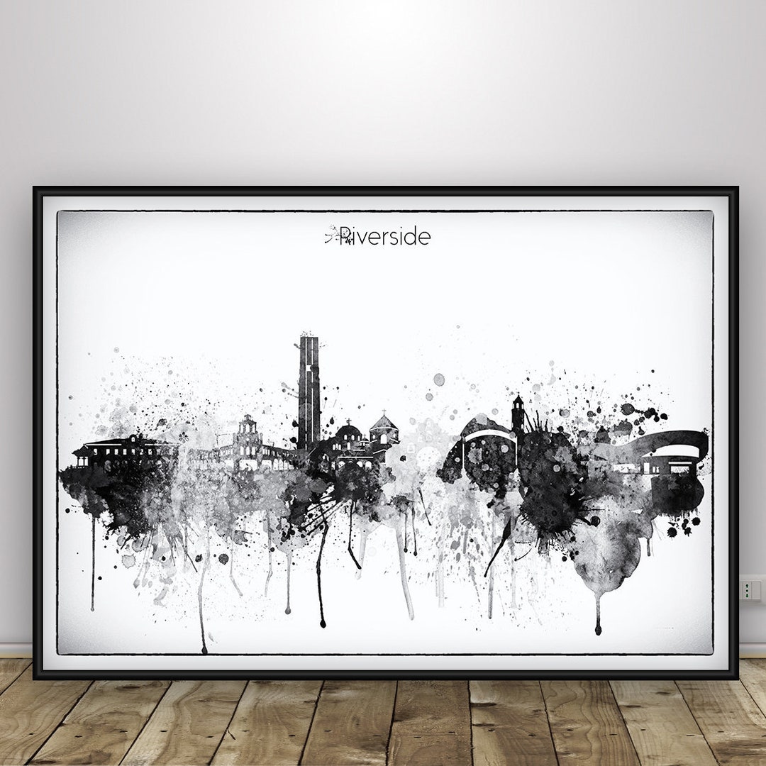 Riverside Skyline Poster, Black White Riverside Printable Wall Decor ...