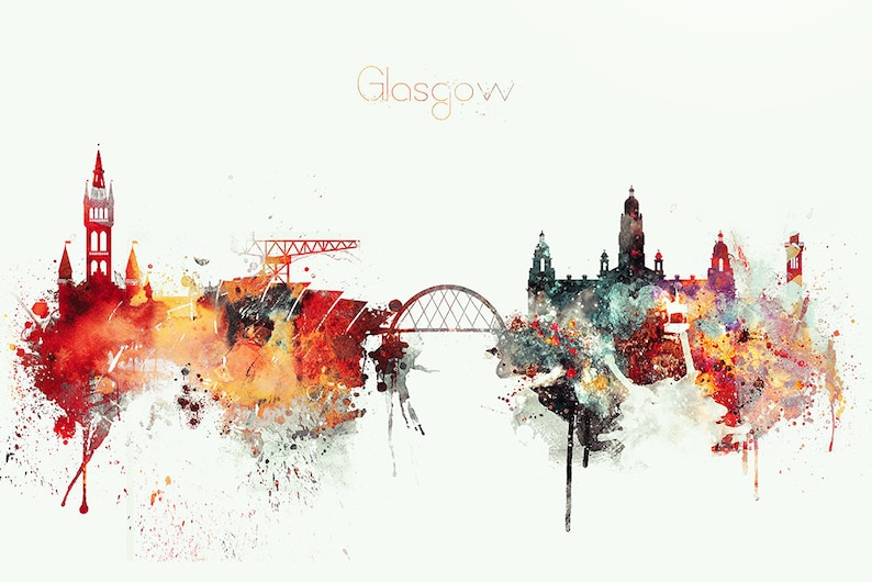 Glasgow Skyline Print, Scotland Watercolor Art Print, Scottish ...