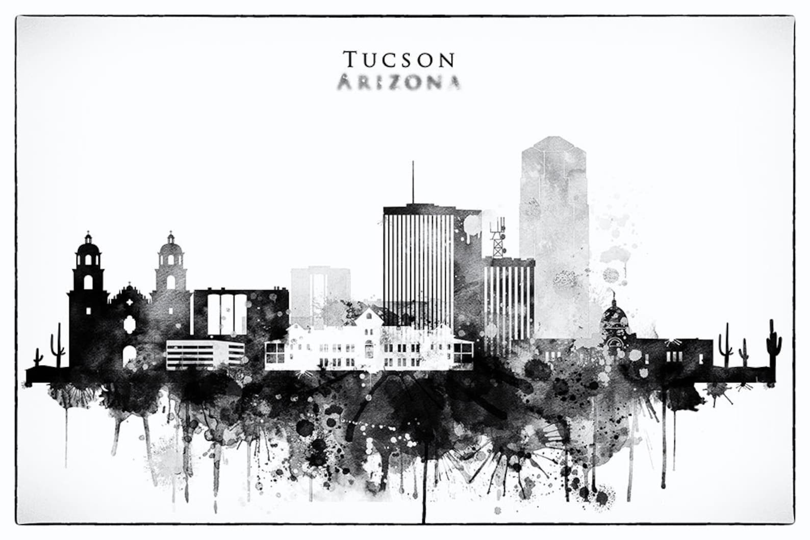 Tucson Skyline Print Arizona Black White Watercolor Art - Etsy