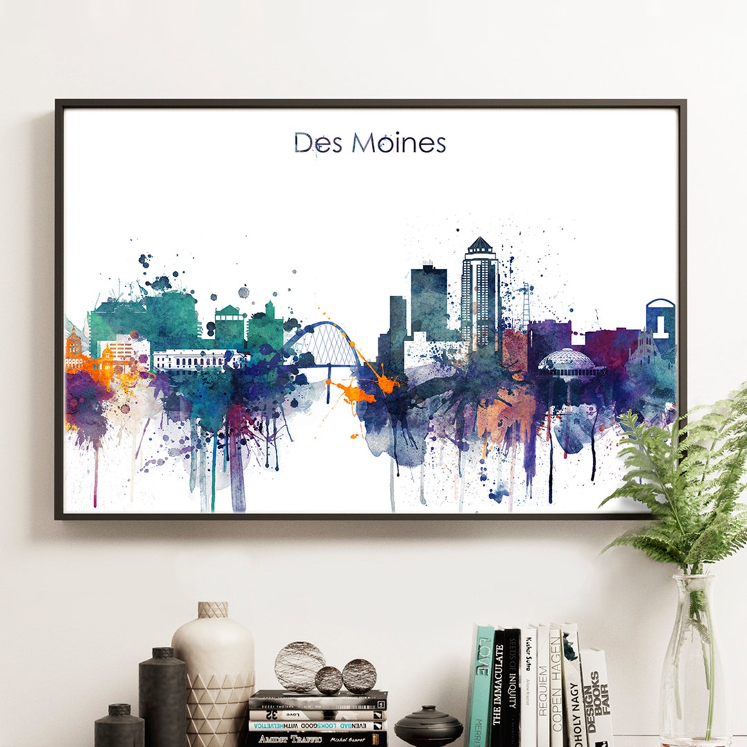 Des Moines Print Watercolor Colorful Skyline Poster Home Decor Wall Art ...