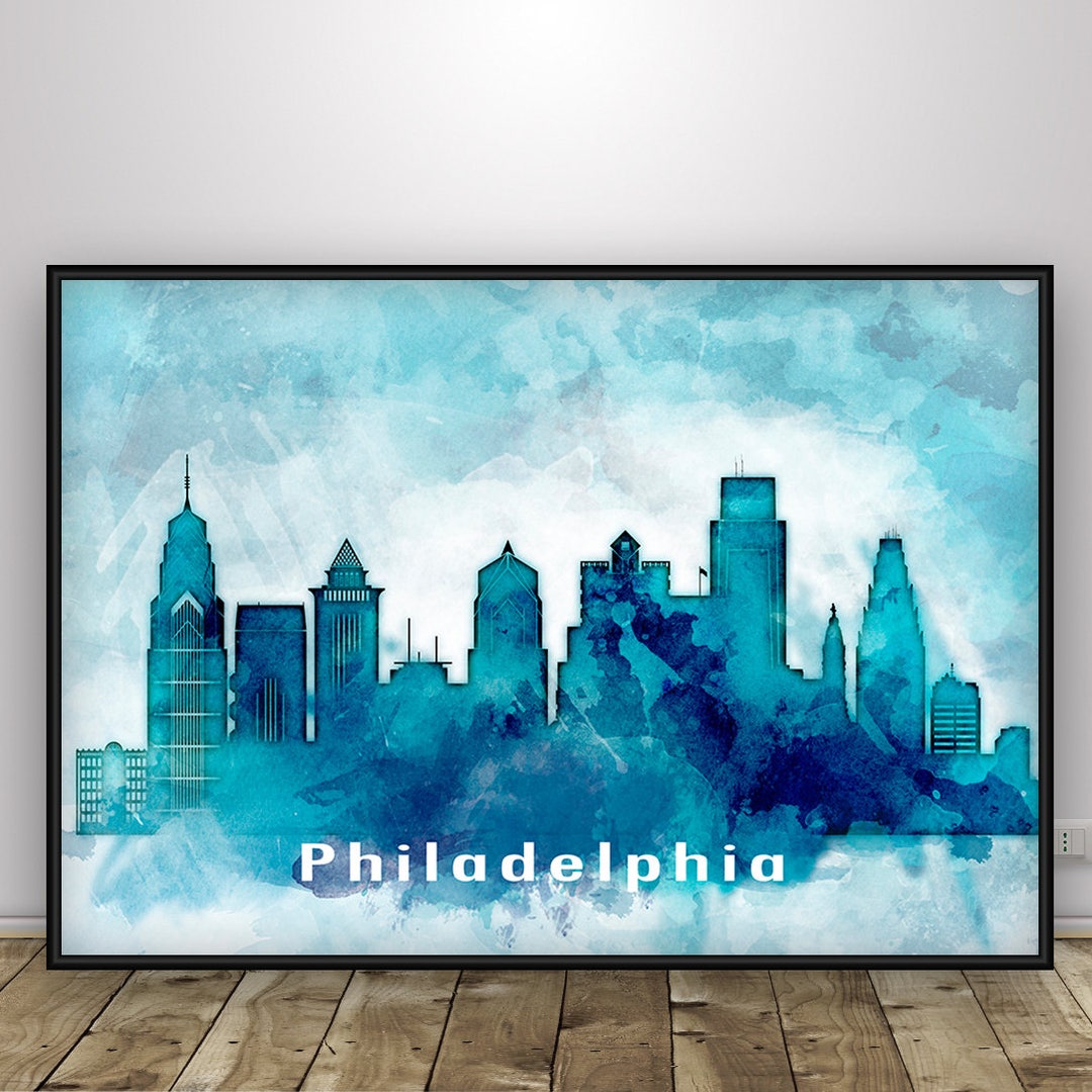 Philadelphia Blue Watercolor Poster, Pennsylvania Art Décor, Skyline ...