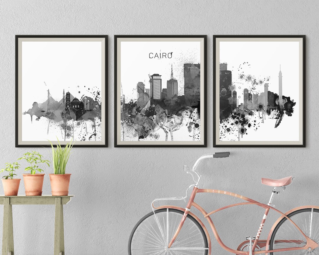 Cairo City Set of 3 Skyline Prints Downtown Black White Triptych Egypt Print 3 Pieces Wall Art ...