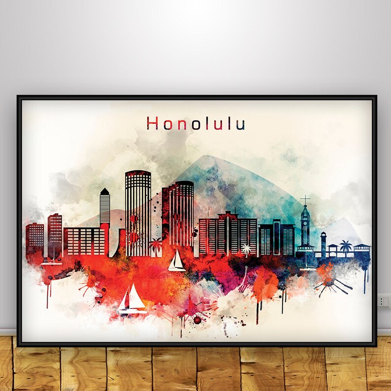 Honolulu Hawaii Skyline Print City of Honolulu Watercolor Art - Etsy