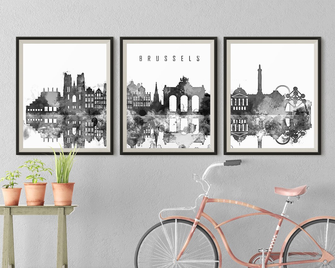 Set of 3 Brussels Prints, Black White Brussels 3 Pieces Wall Art ...