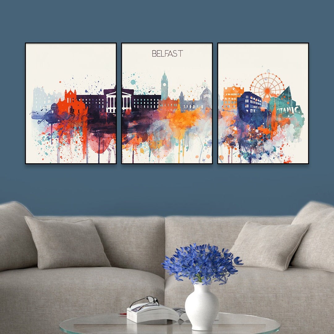 Set of 3 Belfast Skyline Prints, Northern Ireland Wall Art, Watercolour ...